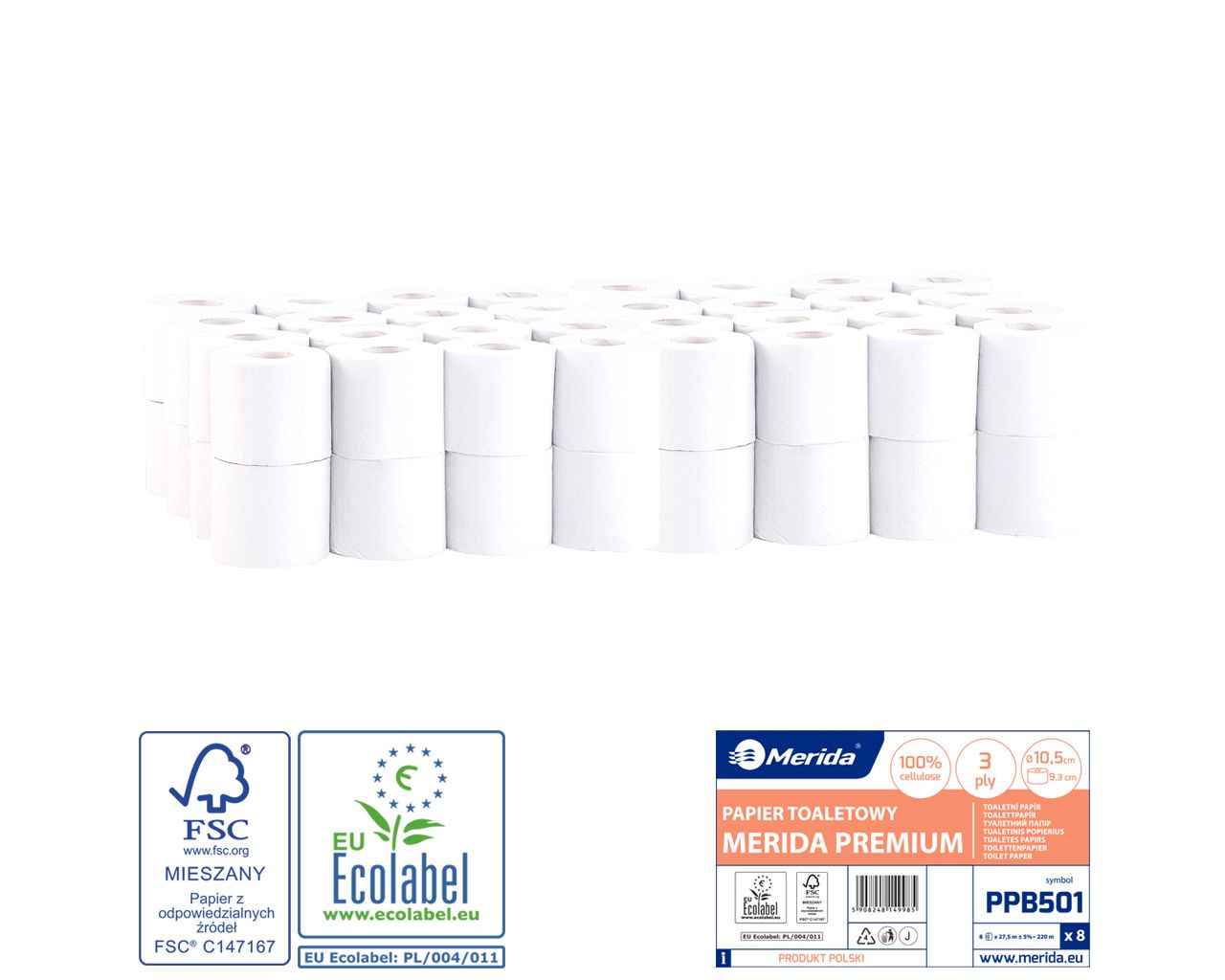 Papier toaletowy Merida Premium PPB501 – biały, 3-warstwowy, 64 rolki ...